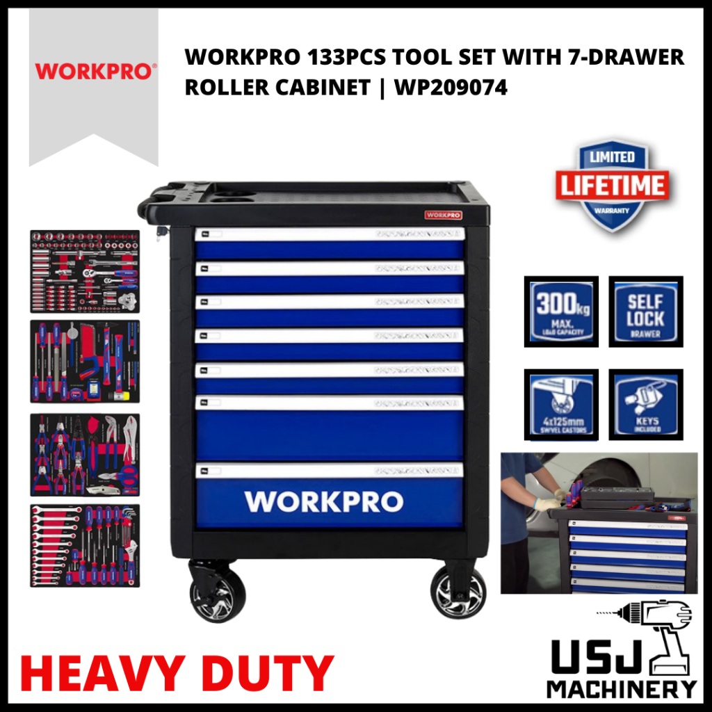 WORKPRO 133pcs Tool Set with 7-Drawer Roller Cabinet WP209074 - Heavy ...