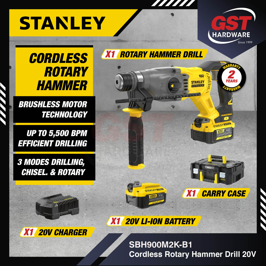 Stanley 20V Cordless Rotary Hammer Drill SBH900M2K Concrete Drill Mesin ...