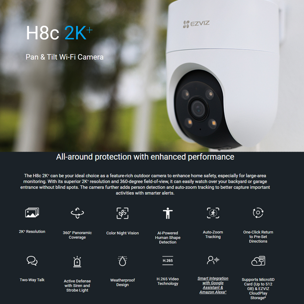 Ezviz H8C 2K⁺ 1440P Pan & Tilt Rotate 360° Outdoor Smart Color Night Vision Two Way Talk Wi-Fi ...