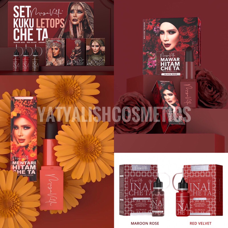 💥💯Original HQ💥Che Ta Inai Kuku Maroon Rose,Kuku Red Velvet,Lipstik Mentari Hitam,Lipstick Mawar ...