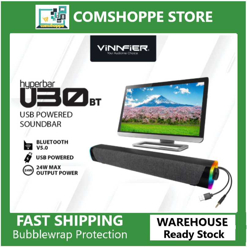 Vinnfier Hyperbar U30 Bt Usb Power Soundbar with Led Light Bluetooth Aux Line In For Gaming ...