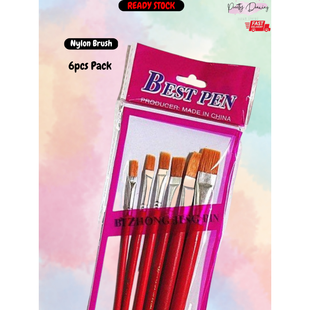 6pcs/Pack Nylon Flat Brush Painting Berus Cat Kayu Wood Water Acrylic ...