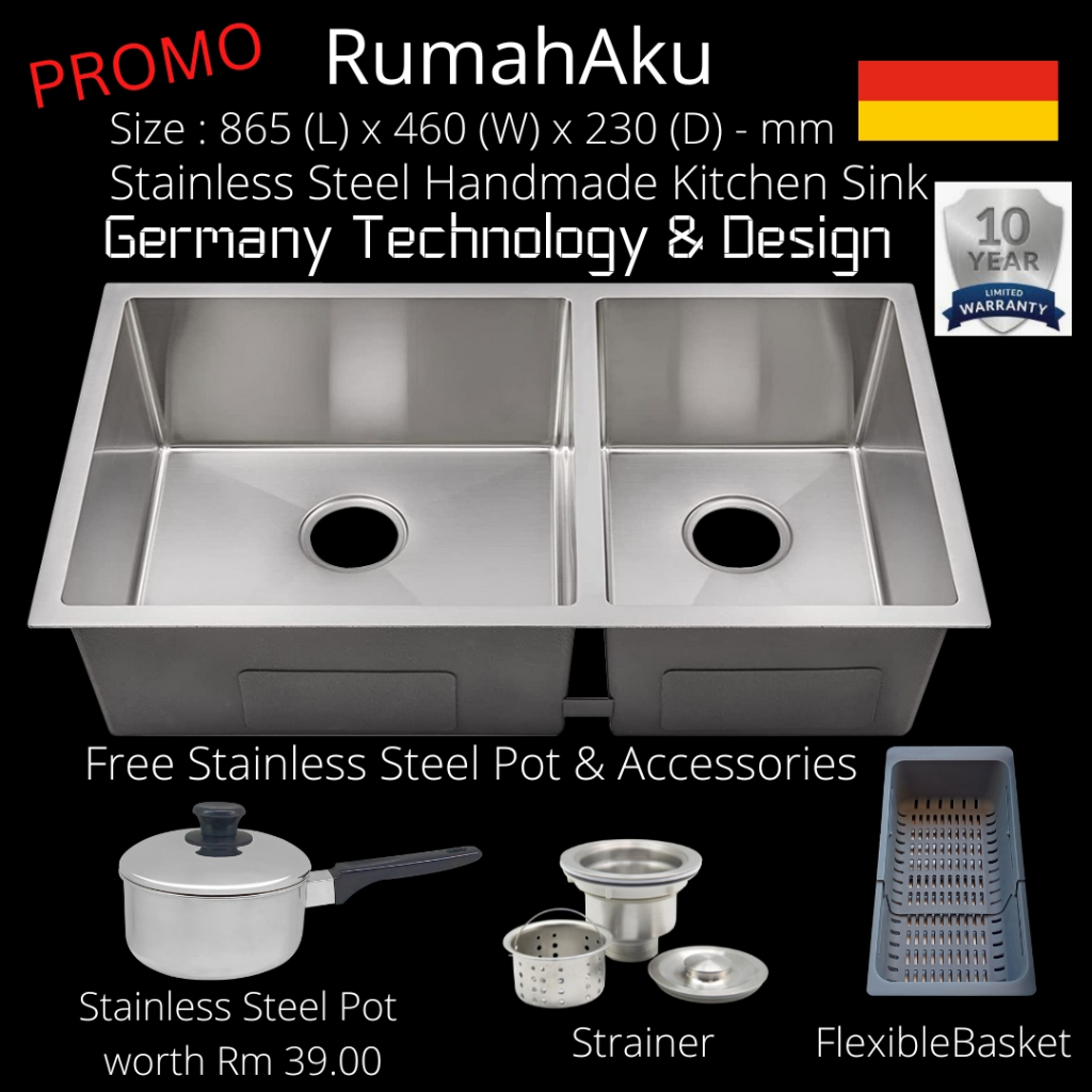 RumahAku 304Handmade (Besar- L) 865mm Double Bowl Sink Stainless Steel ...