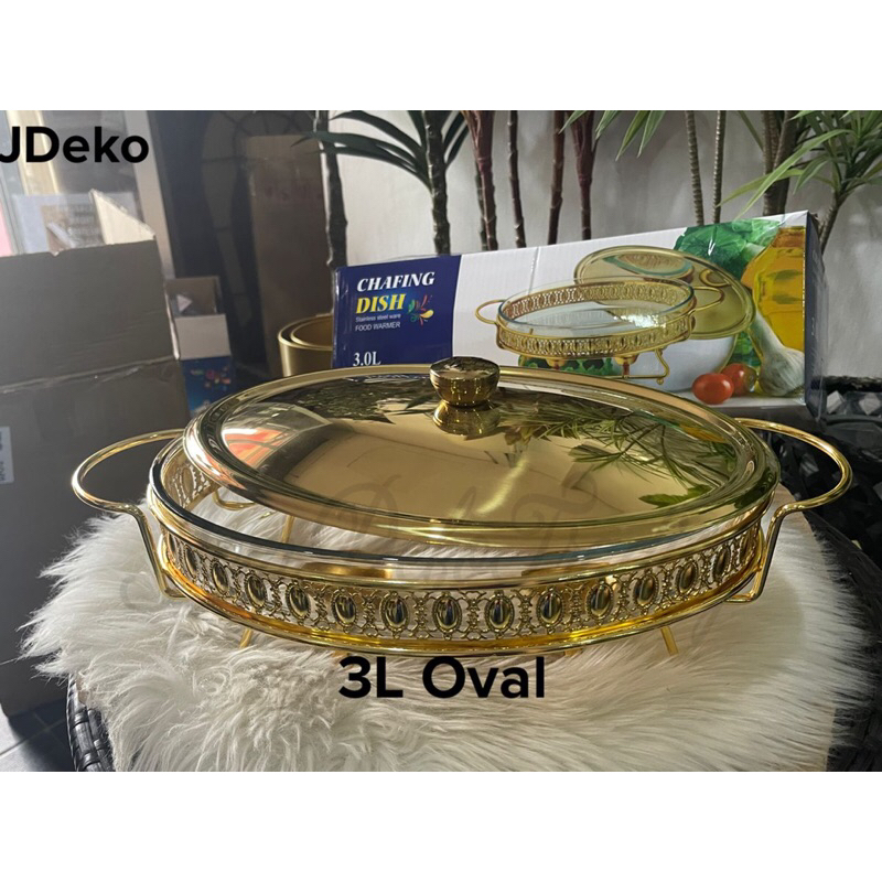 ROUND BUFFET TRAY GLASS GOLD 2L,OVEL 3l DAN BULAT 4L FOOD WARMER KACA ...