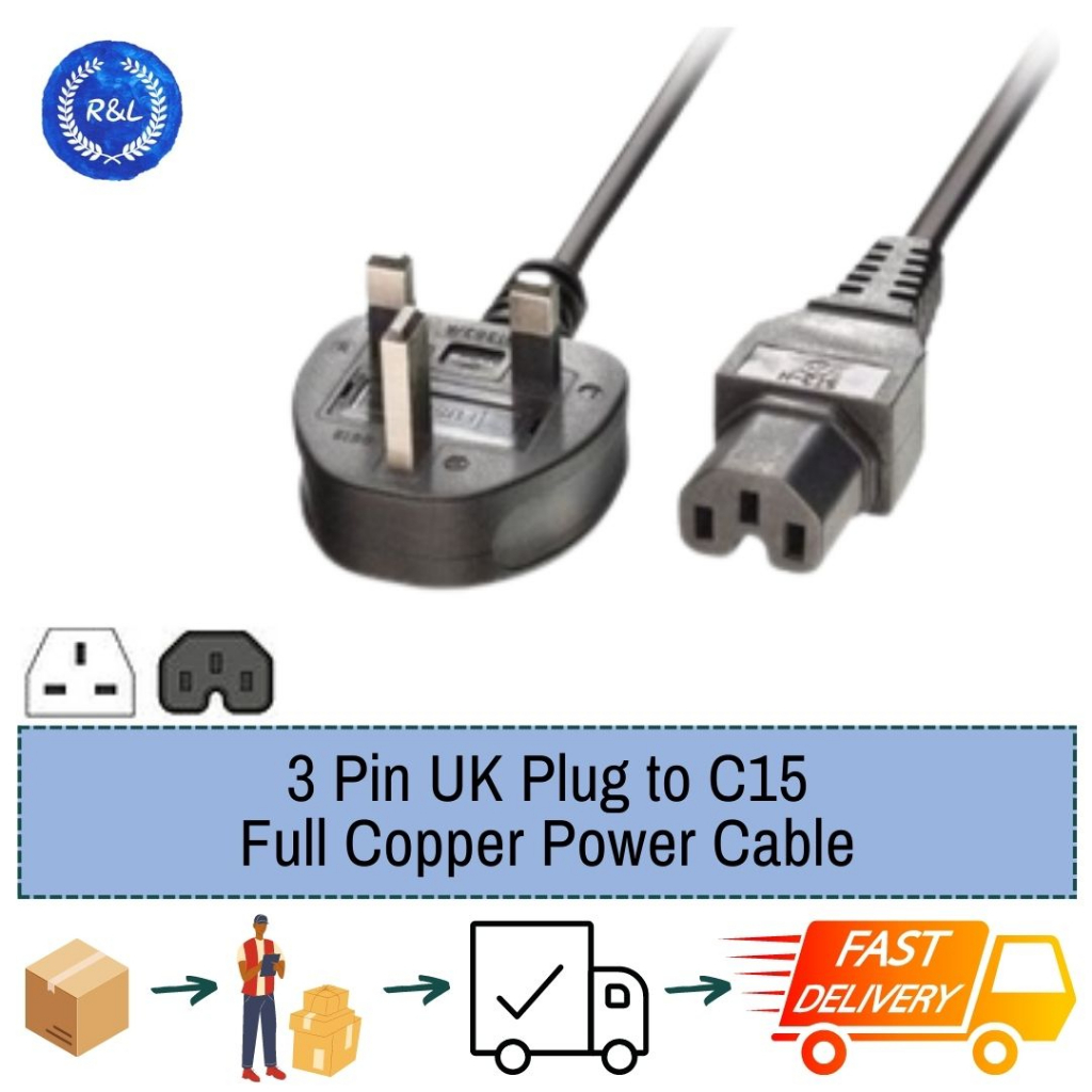 3Pin UK Plug to C15 Full Copper Power Cable / Power Cord 1.8Meter ...