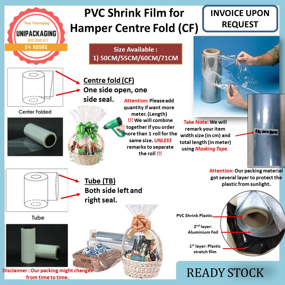 60cm Centre Fold PVC (Open become 120cm) Shrink Film Hamper Wrap X 1m ...