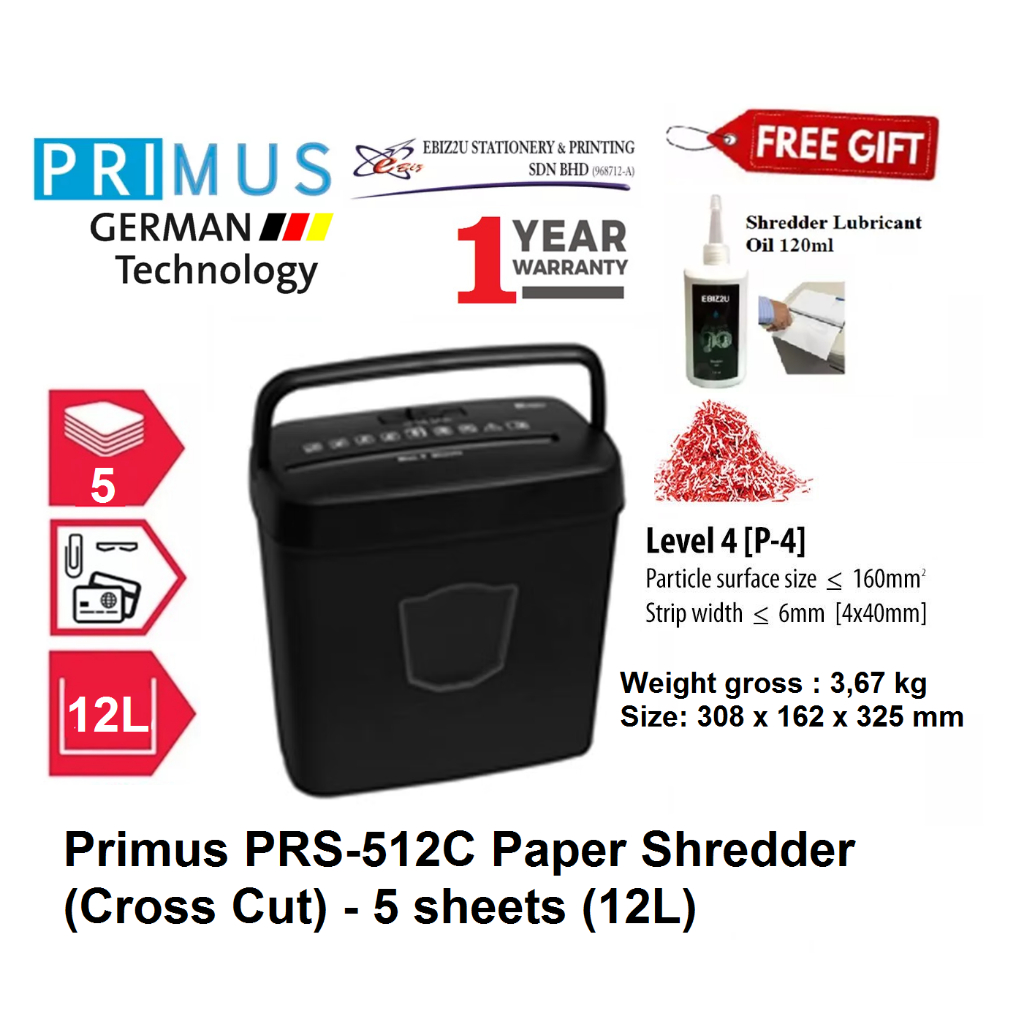 Primus PRS-512C Paper Shredder (Cross Cut) - 5 sheets (12L) (Paper ...