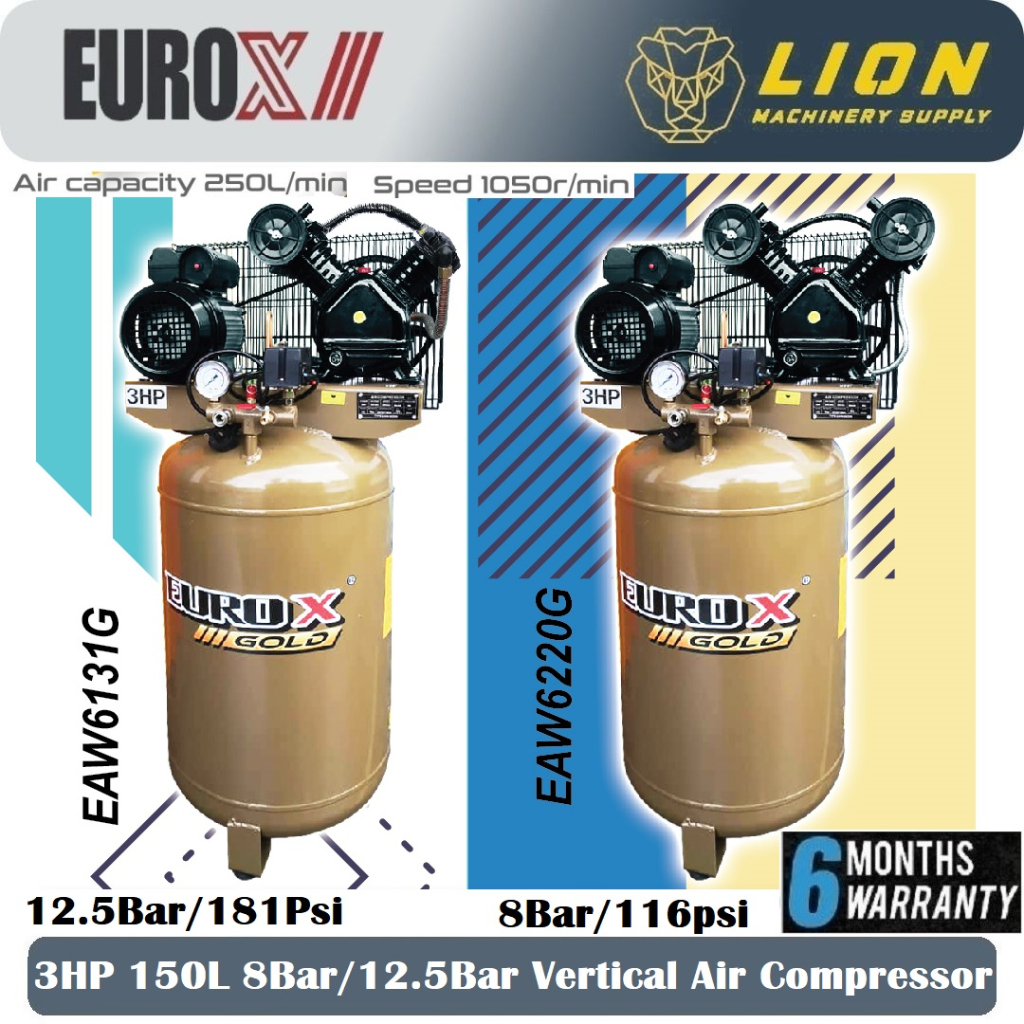 Eurox 3HP 150Litre 8Bar/12.5Bar Vertical Tank Air Compressor EAW6220G/EAW6131G - 6 Months Local ...