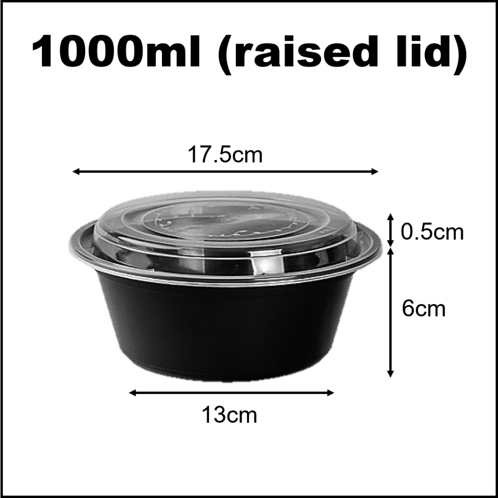 Black Round Container with Flat Clear Lid 800ml 1000ml 1250ml Take Away ...