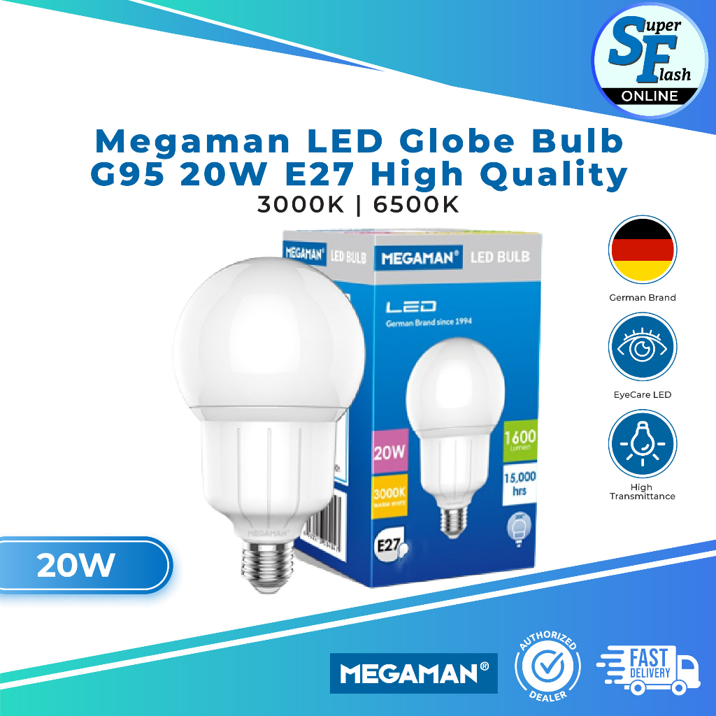 [Sirim] MEGAMAN LED Globe Bulb G95 20W E27 High Quality Daylight Warm ...