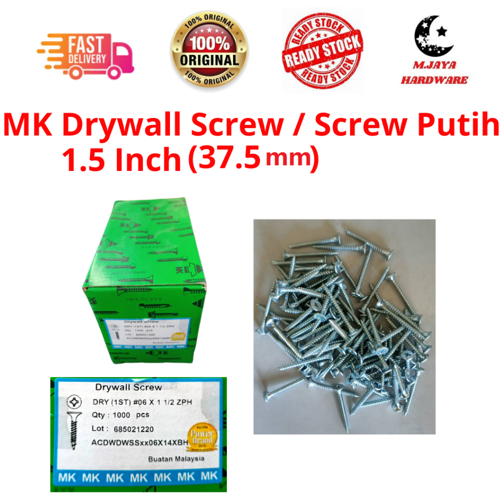 250, 500pcs #06X1 1/2" MK WHITE DRYWALL SCREW CEILING PLASTER SCREW ...