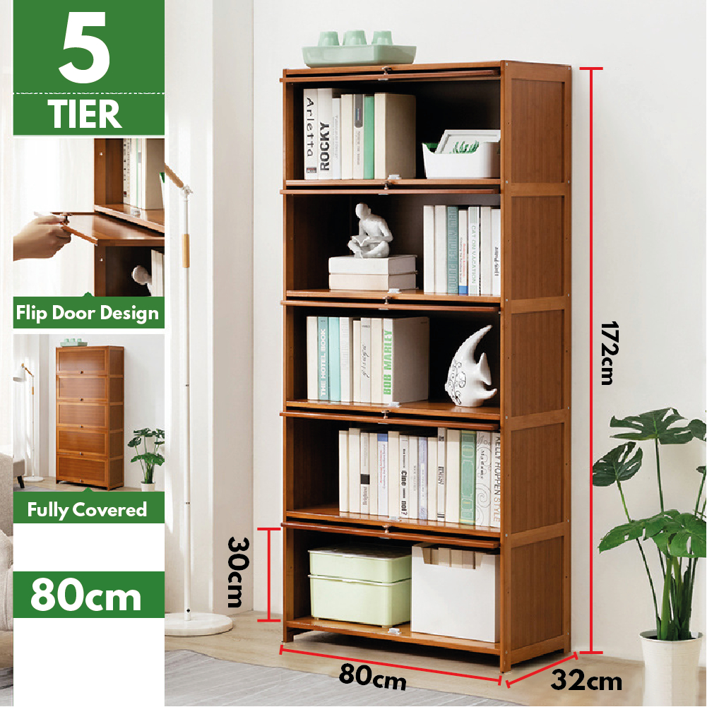 Rak buku Bookshelf Bamboo book cabinet rack storage 3 4 5 tier with ...