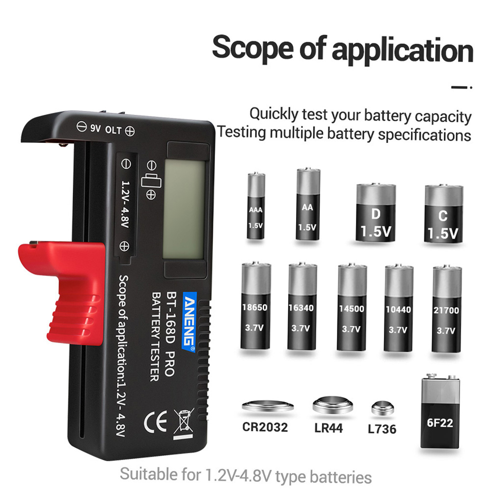 Battery Tester Battery Checker AA AAA C D 9V 1.2V-4.8V Battery Meter BT ...