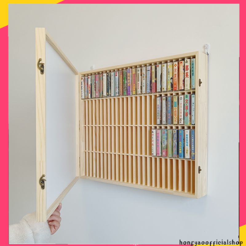 Tape storage rack Solid wood multi-cell storage box transparent door ...