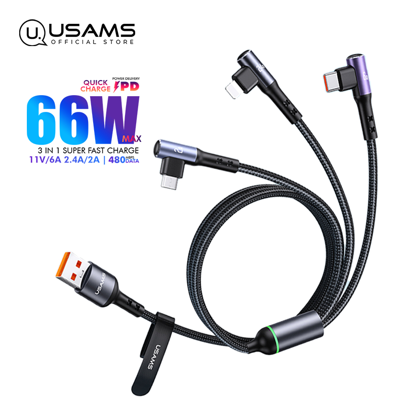 USAMS 66W 3 in 1 USB to Type-C / Micro USB / iP Right Angle Fast ...