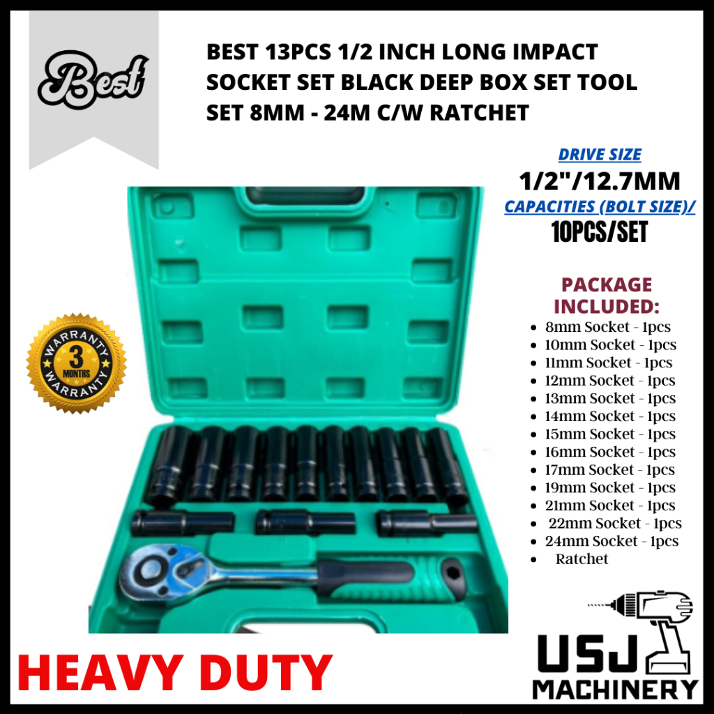 Best 13pcs 1/2 Inch Long Impact Socket Set Black Deep Box Set Tool Set ...