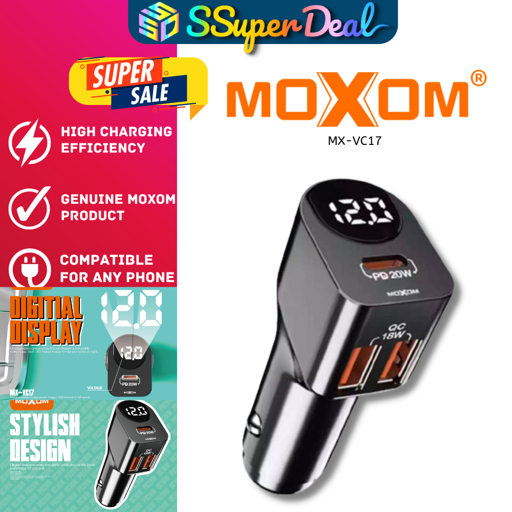 Moxom MX-VC17 38W Digital Display 3 Ports Car Charger | Shopee Malaysia
