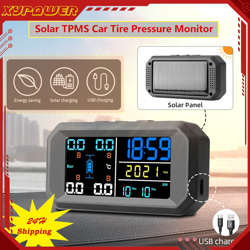 Solar TPMS Car Tire Pressure Monitor System LCD Display+4 External Senor Automatic Clock Control ...