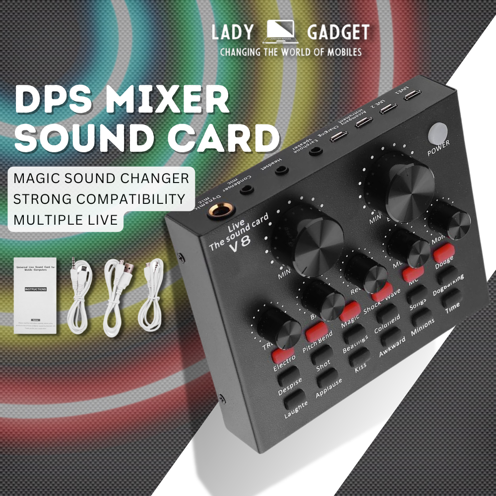 V8 V8S+ DPS Mixer Live Sound Card with Bluetooth, 16 Sound + 9 Knobs + Microphone Full Set for ...