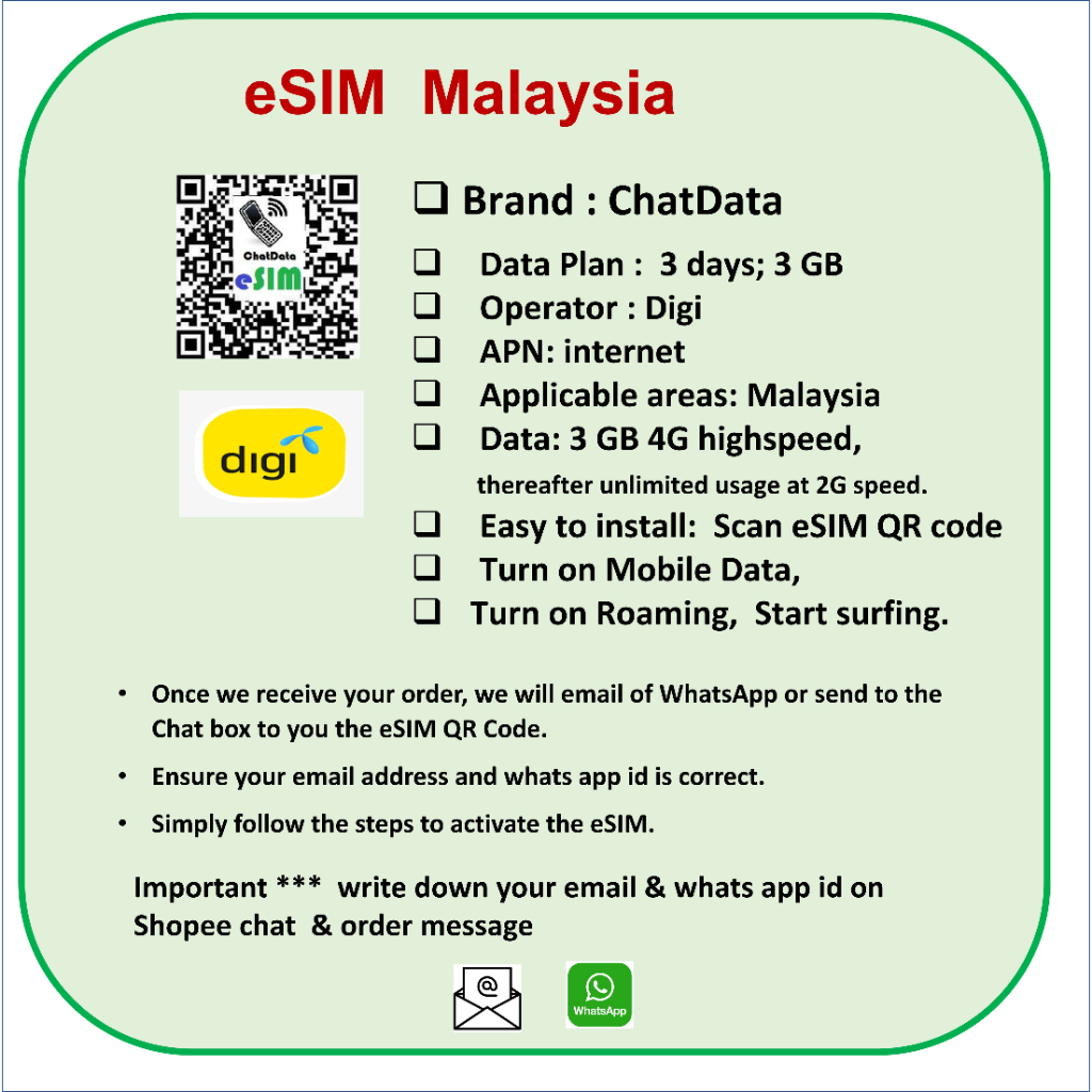 eSIM Malaysia SIM (eSIM), prime telecom network (Digi), 4G High Speed ...