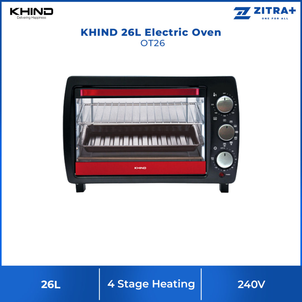 KHIND 26L Electric Oven OT26 | 120 mins Timer with Ring Bell | 3 Operation Knobs | 7 Stages ...