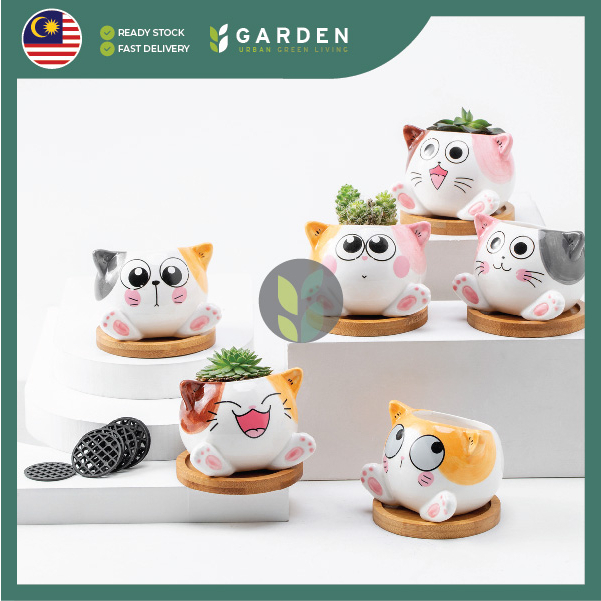 Yewfex 4 Sitting Cat Ceramic Flower Pot Indoor Round Small Cactus ...