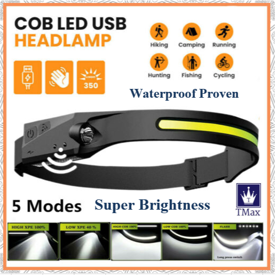 Induction Headlamp COB LED Head Lamp Flashlight USB Rechargeable Head ...