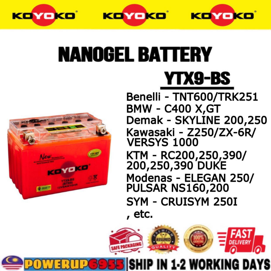 YTX9-BS YTX9 BTX9 KOYOKO NANOGEL BATTERY Z250 TNT600 DUKE RC VTS200 ...