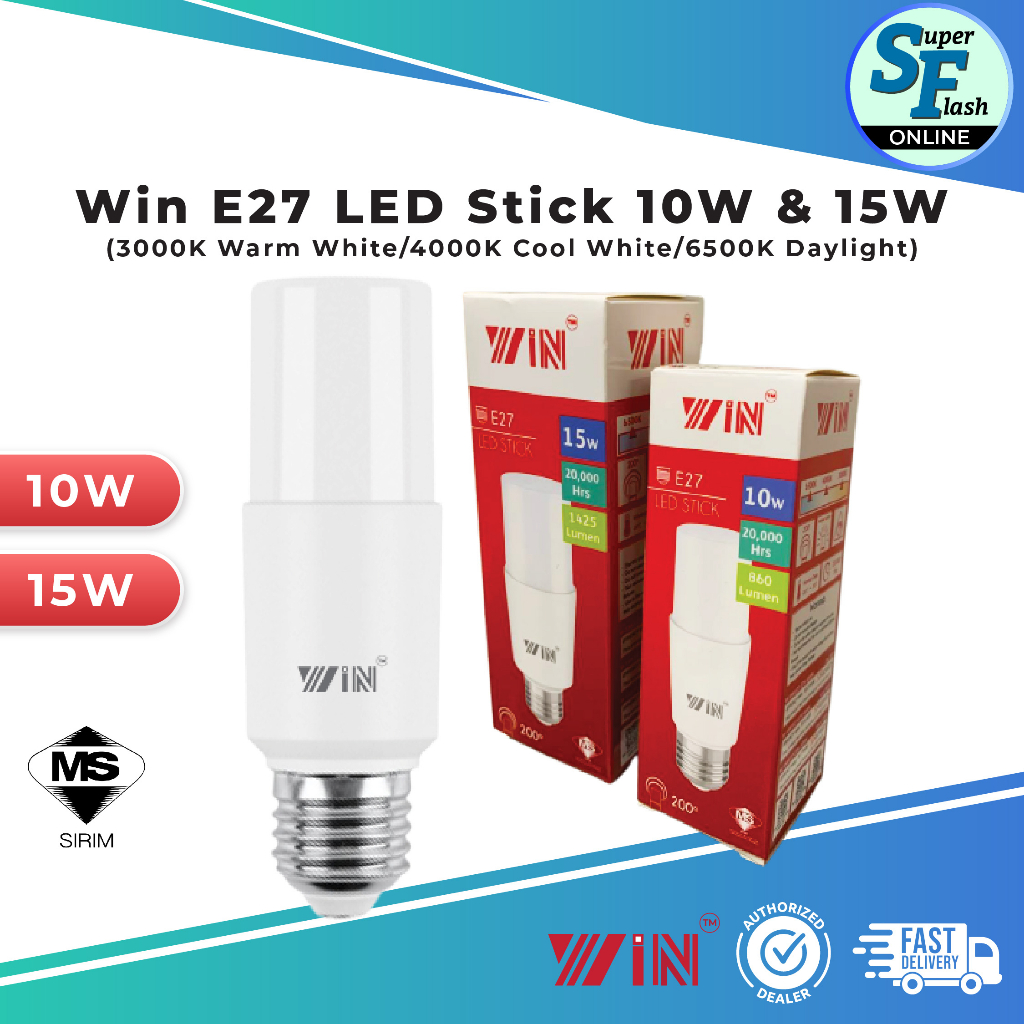 👍High Quality👍 WIN E27 LED Stick Bulb 10W/15W [3000K/4000K/6500K ...