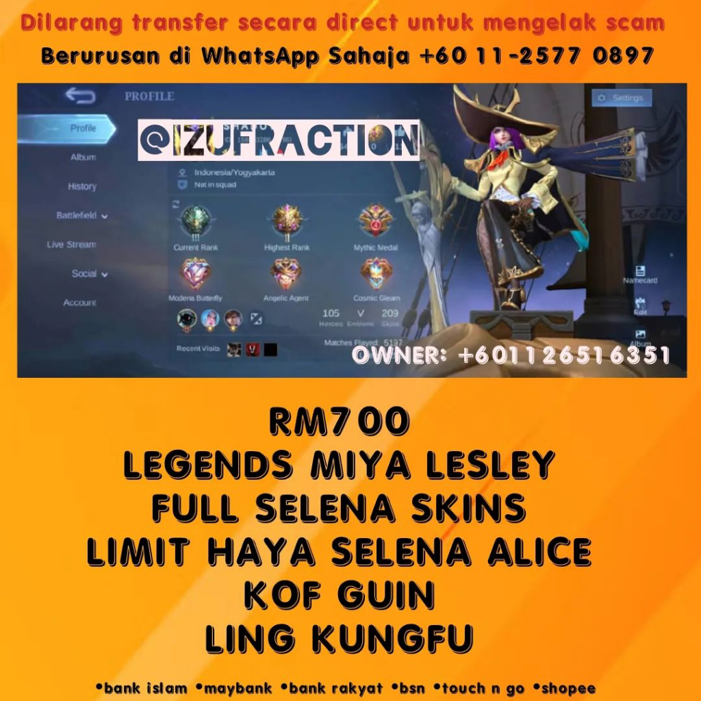 AKAUN MOBILE LEGEND: LEGEND MIYA LESLEY. FULL SELENA SKINS. LIMIT HAYA ...