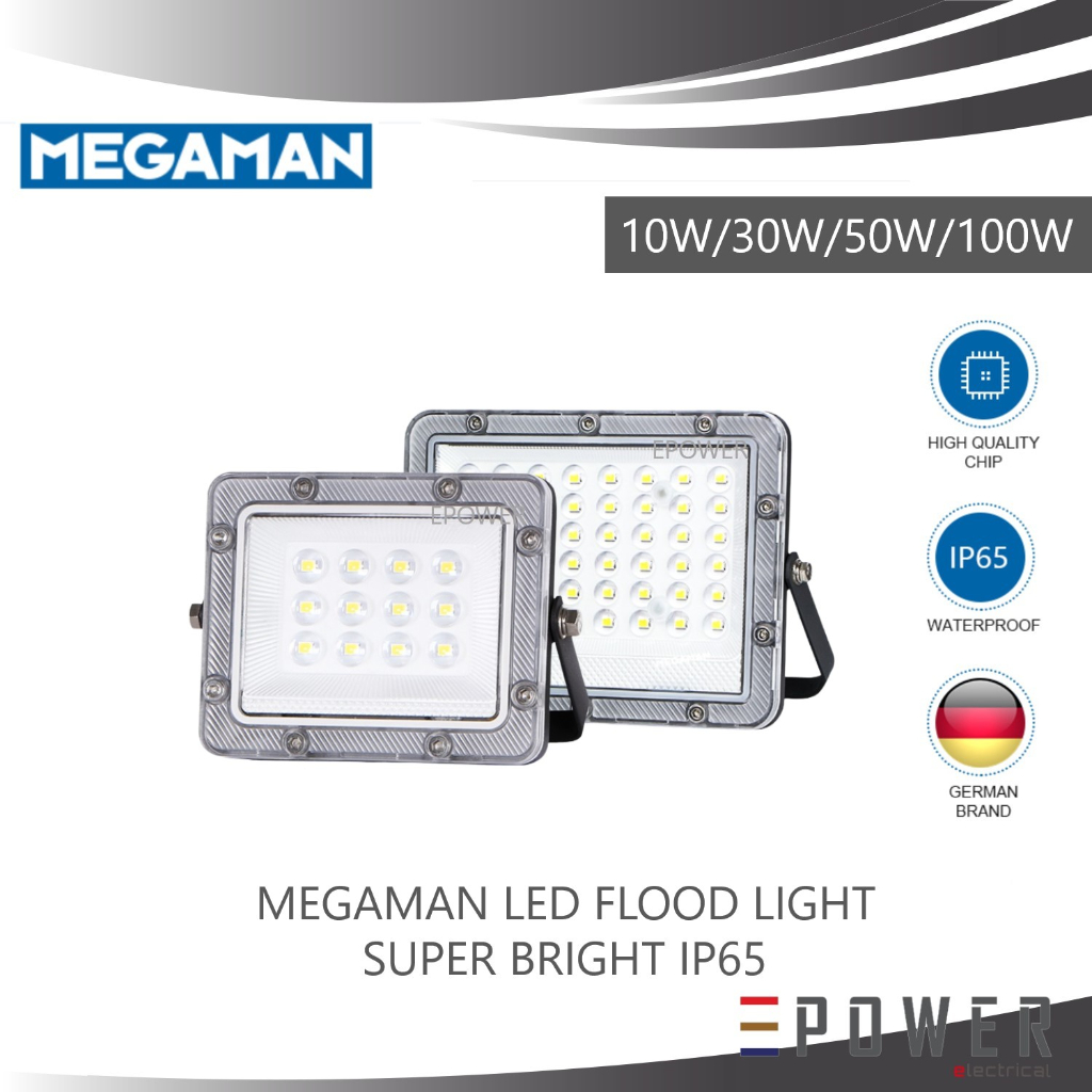MEGAMAN LED 10W/30W/50W/100W FLOOD LIGHT SUPER BRIGHT IP65 | Shopee ...