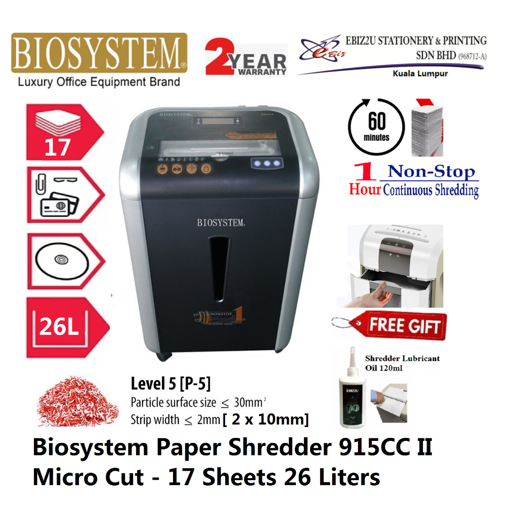Biosystem Paper Shredder 915CC II Micro Cut 17 Sheets 26 Liters 1 Hour ...