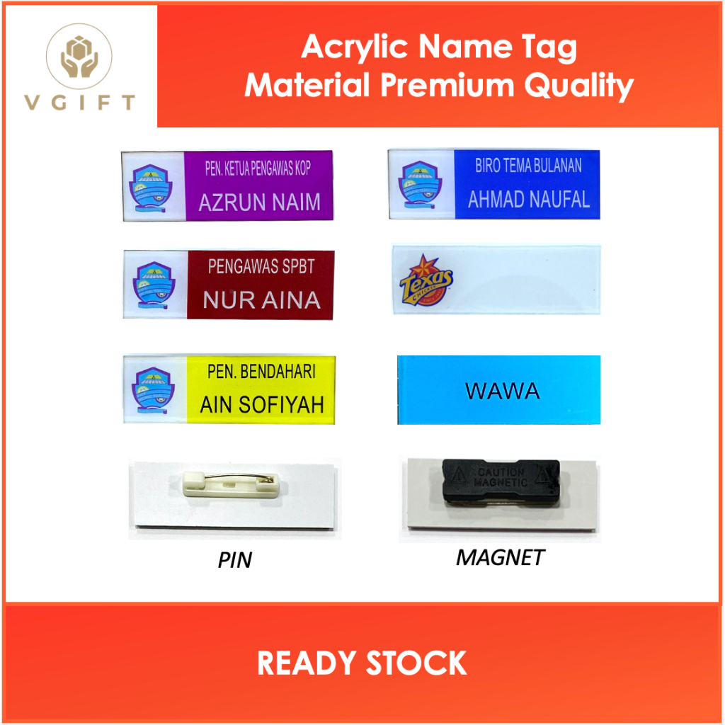 Acrylic Plastic Name Tag Pin & Magnet / Tag Nama Plastik Akrilik ...
