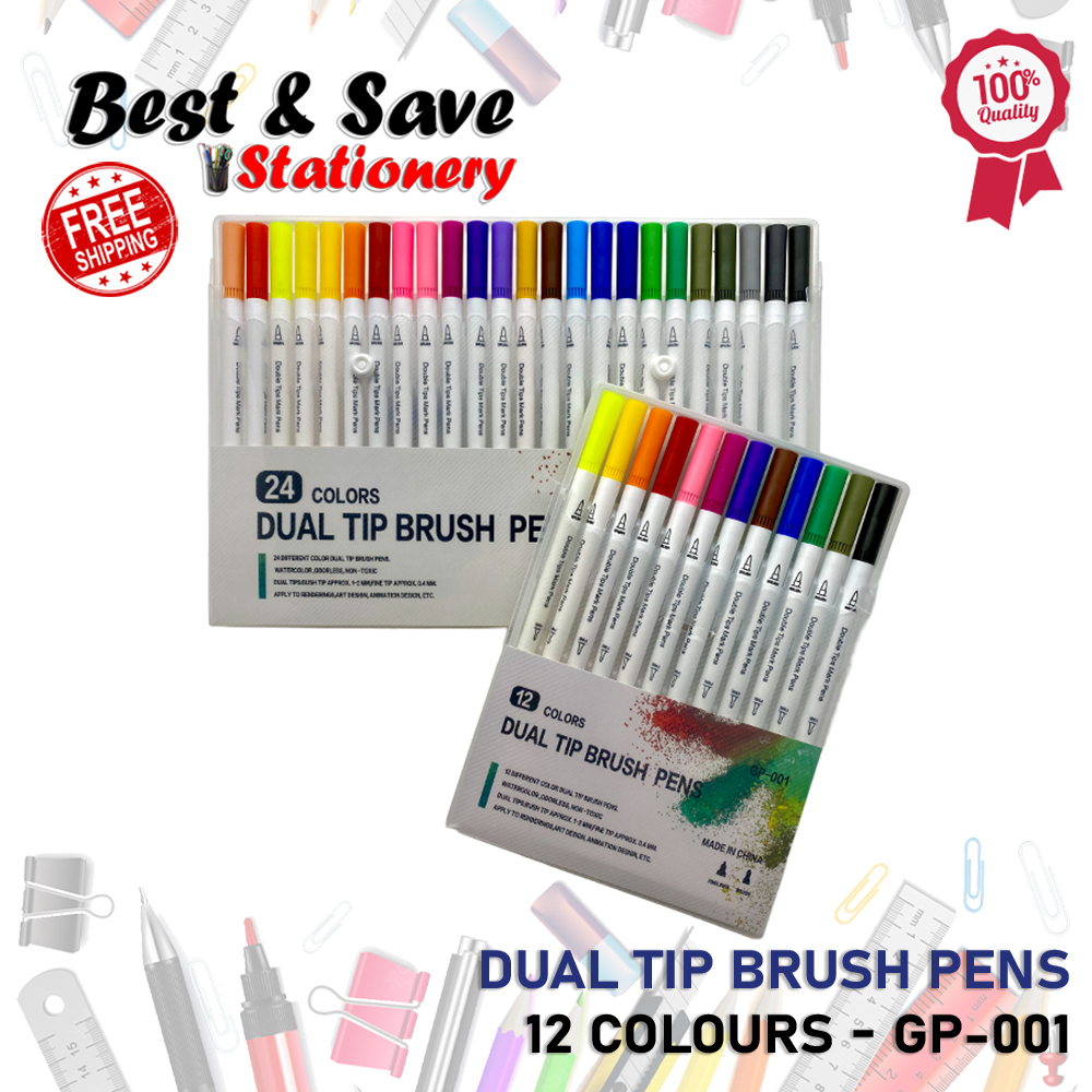 ( BEST & SAVE ) GP-001 DUAL TIP BRUSH PENS 12 COLOURS (Brush / Fine Tip ...