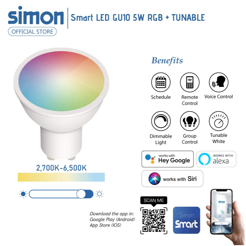 SIMON Smart LED Lighting 5W LED GU10 RGB + Tunable Bulb WIFI Smart GU10 ...