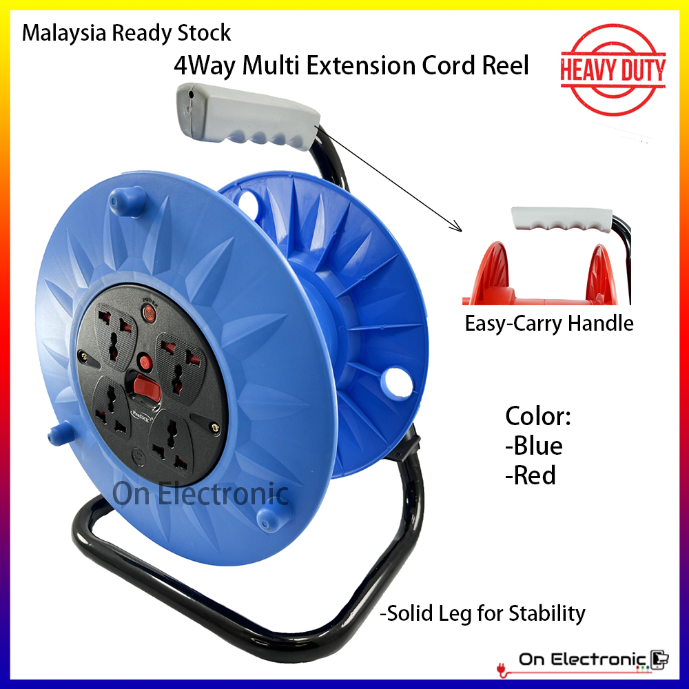 4Way Multi/UK Heavy Duty Extension Cord Cable Reel Blue/Red/Yellow ...