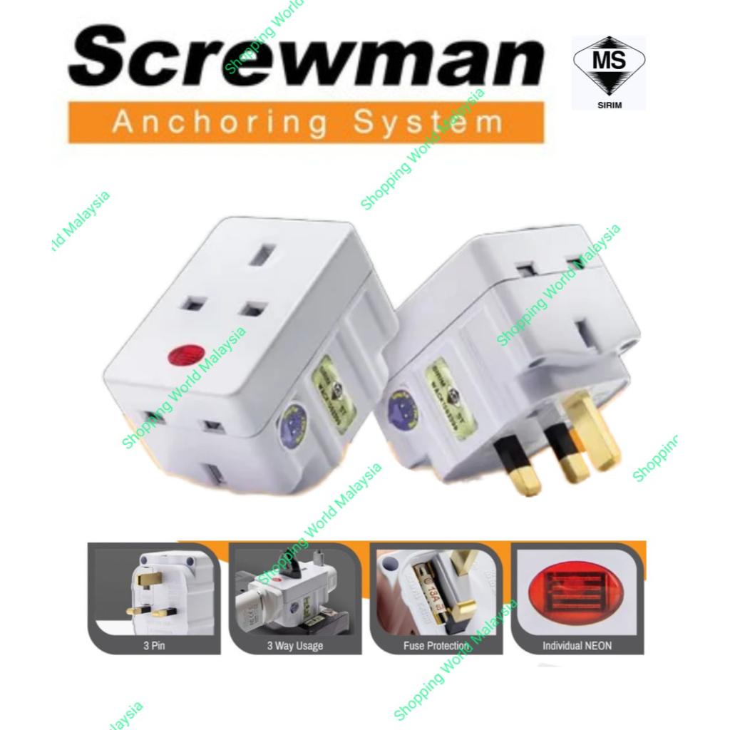 3 Way 13A adapter Multi Adaptor Full Copper with Surge Protection ...