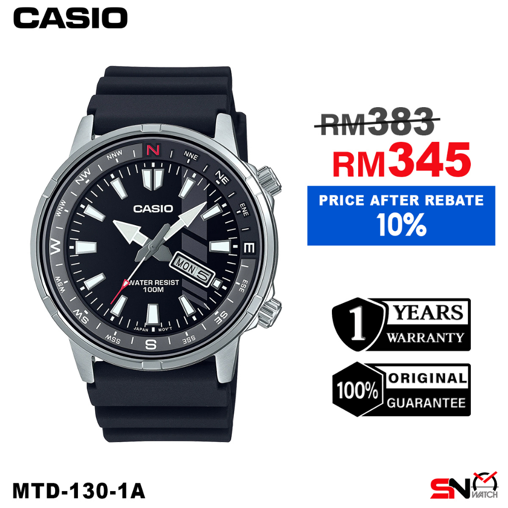 Casio MTD-130 MTD-130D Day Date Display Compass Ring Quartz Analog Men's Watch Jam Tangan Lelaki ...