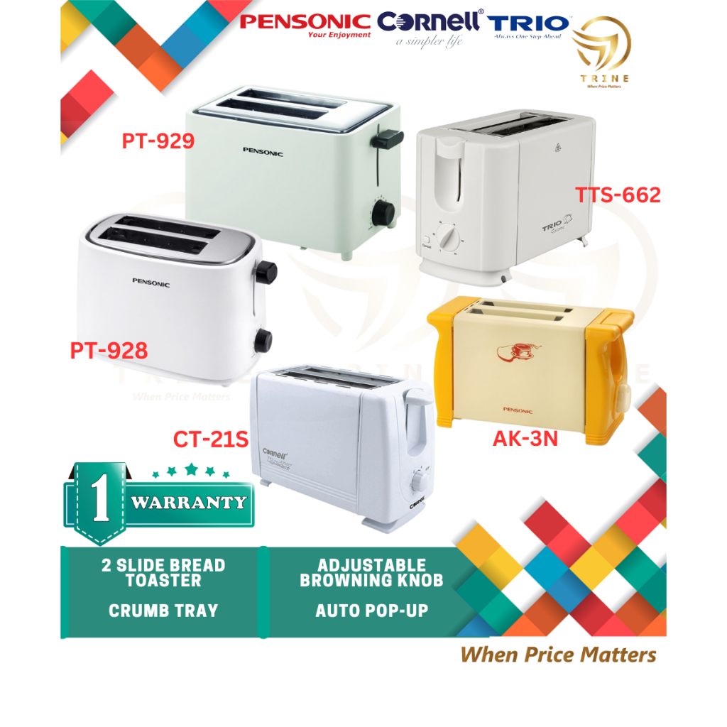 Pensonic/ Cornell/ Trio 2 Slices Bread Toaster PT-928 PT-929 AK-3N CT-21S TTS-662 (Pembakar Roti ...