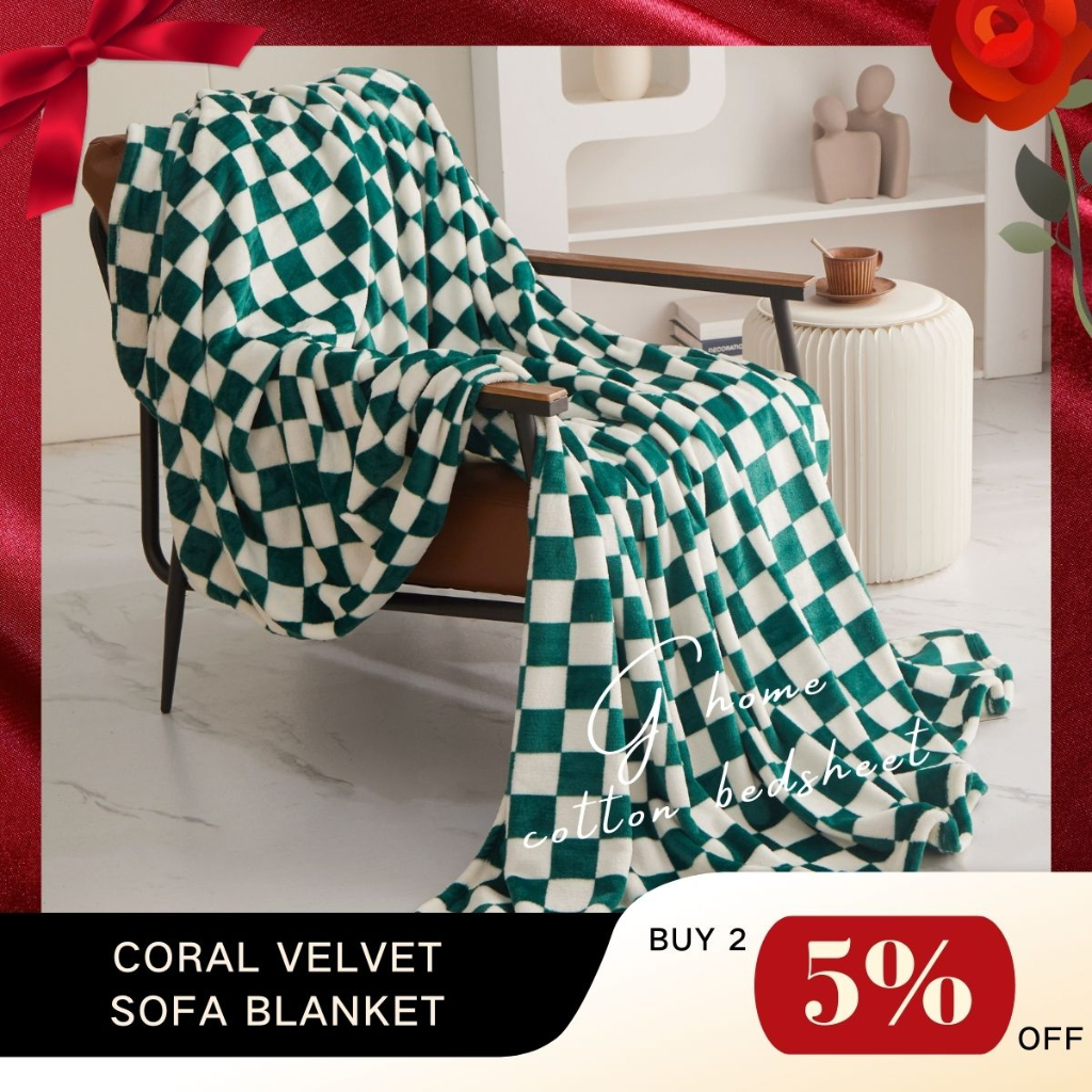 GHOME READY STOCK Checks Grid Office Soft Coral Velvet Quilt Blanket ...