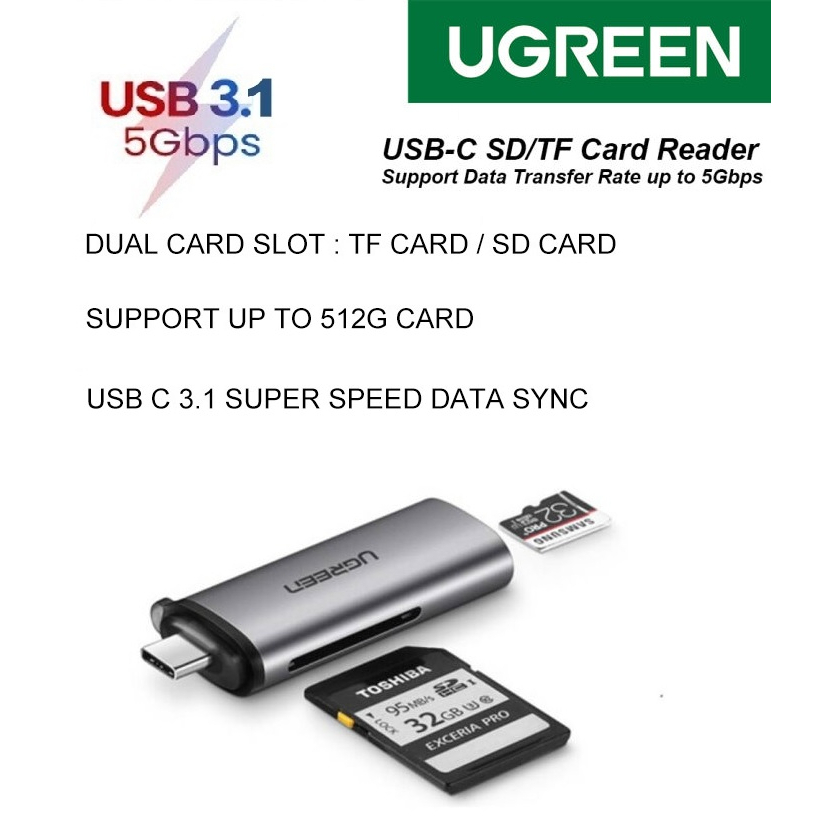 UGREEN 2-IN-1 USB-C 3.1 GEN 1 TO TF + SD CARD READER WITH DUAL CARD SLOT AND PLUG & PLAY DESIGN ...