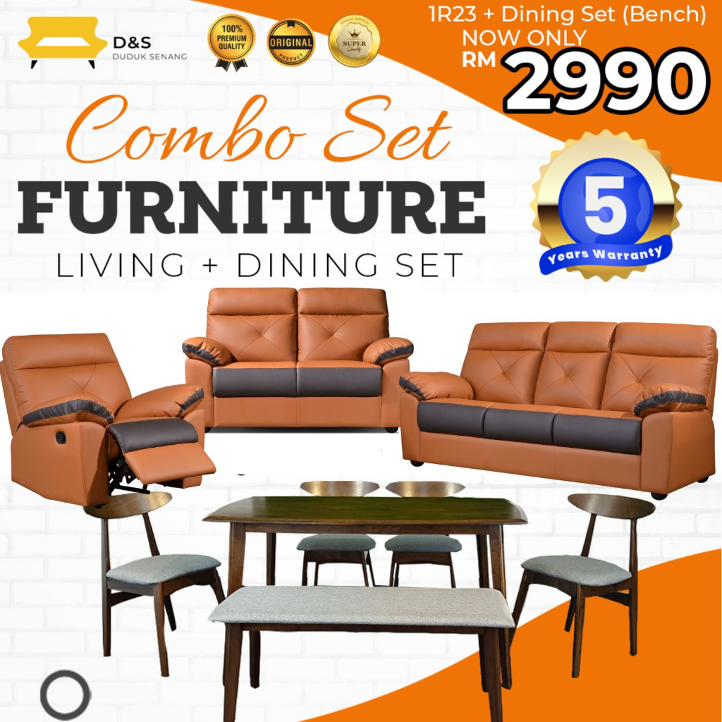 Combo Recliner Sofa Set (1R+2+3 seater) + Meja Makan Solid Wood (1+4 Kerusi +Bench) | Shopee ...
