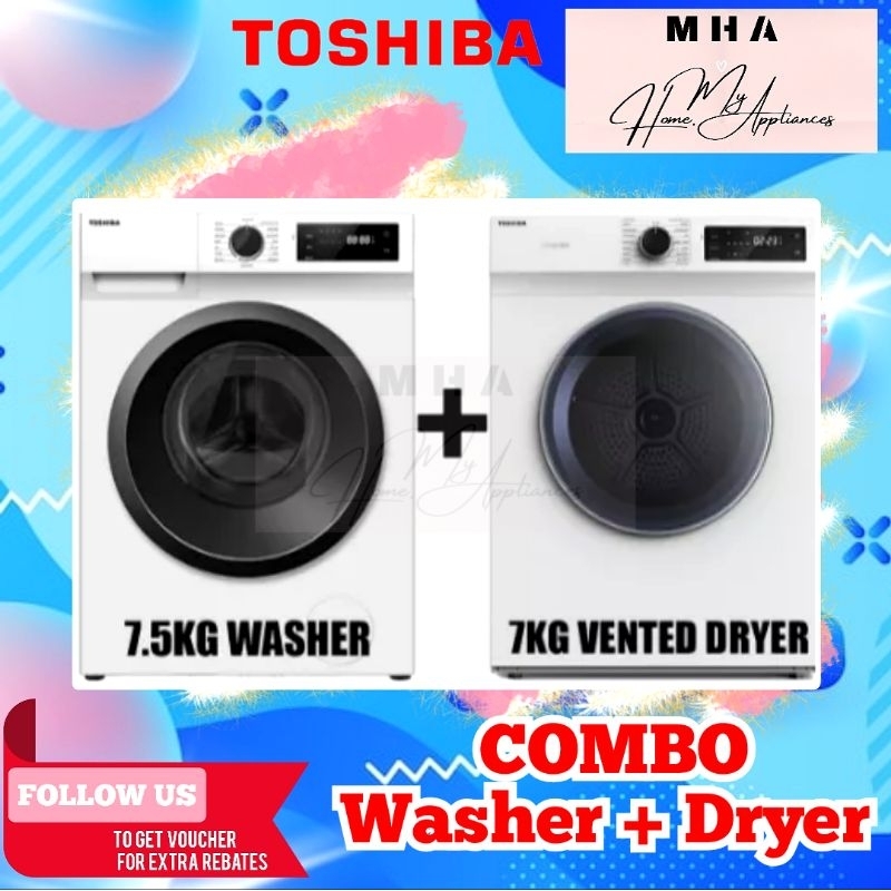 COMBO Toshiba Front Load Washer Washing Machine (7.5kg) TW-BH85S2M + Tumble Dryer (7kg) TD ...
