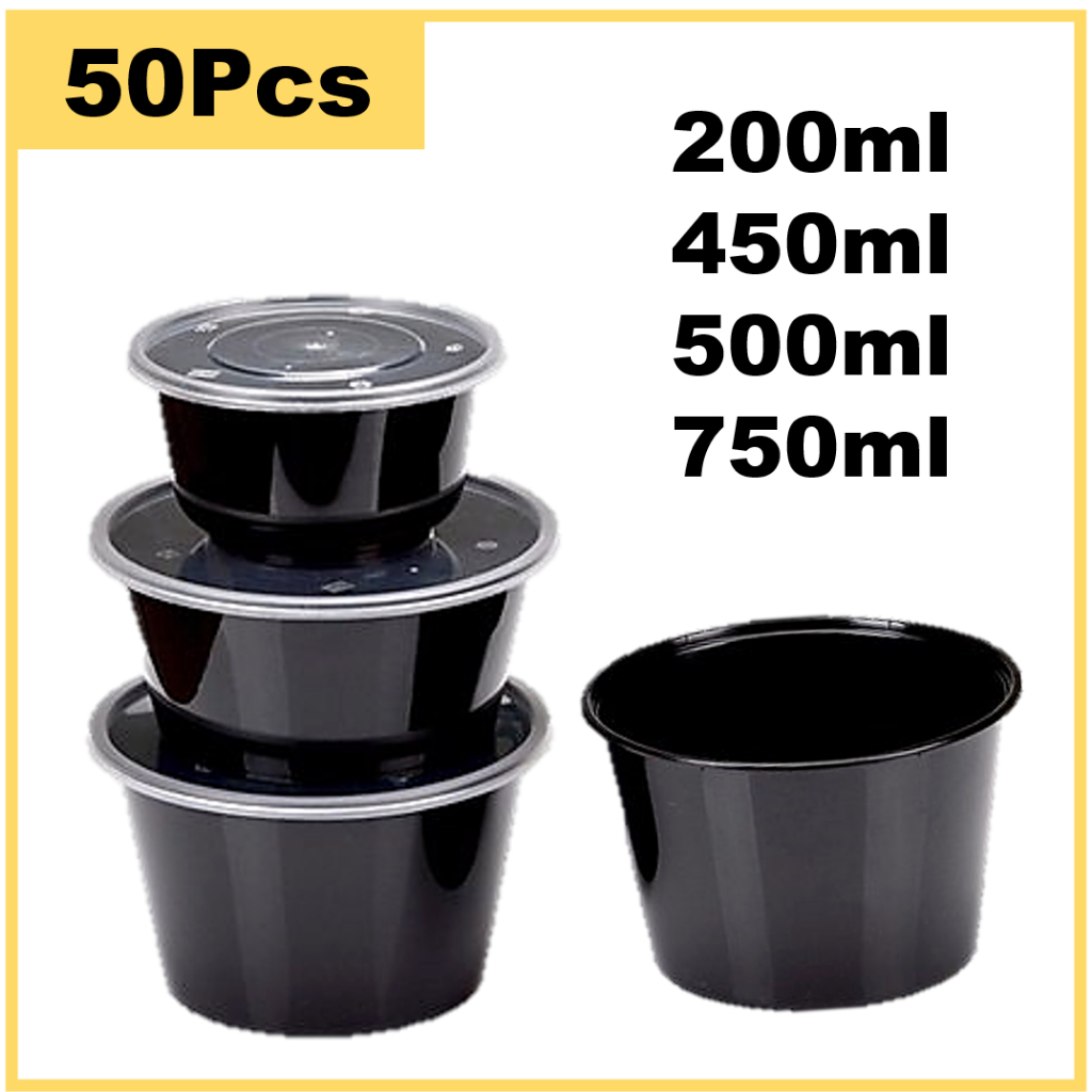50pcs Black Round Container with Flat Clear Lid 200ml 450ml 500ml 750ml ...