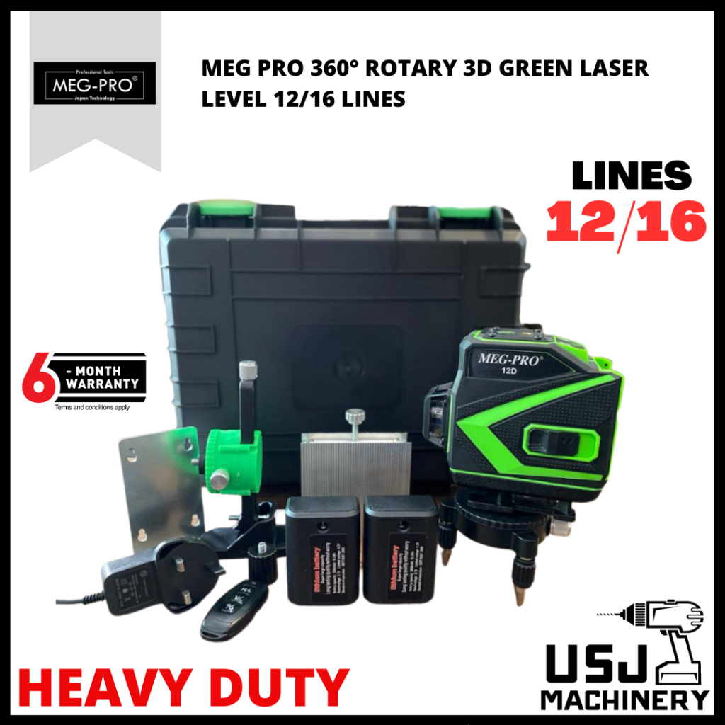 MEG PRO 360° Rotary 3D Green Laser Level 12/16 Lines Self Leveling ...