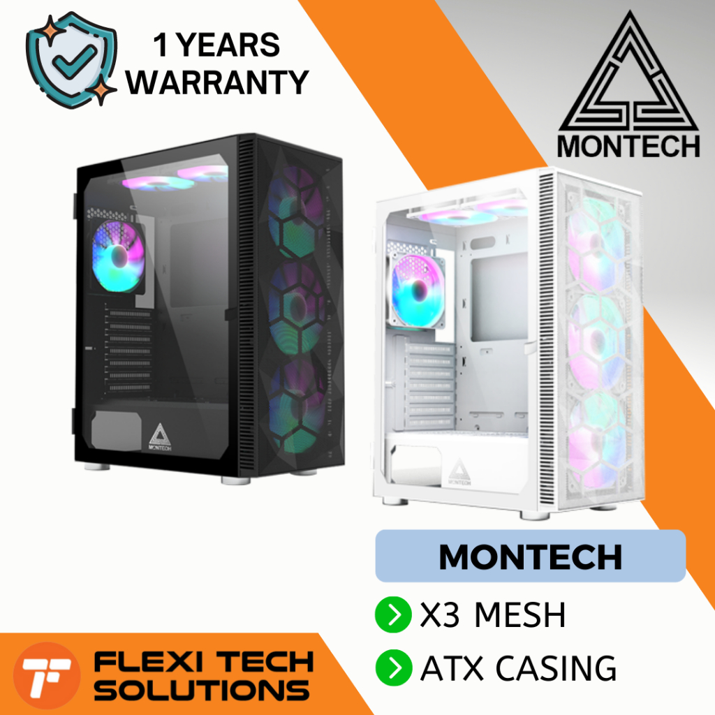 Flexi Tech MONTECH X3 MESH ATX Case Black & White PC Desktop Six Fixed ...