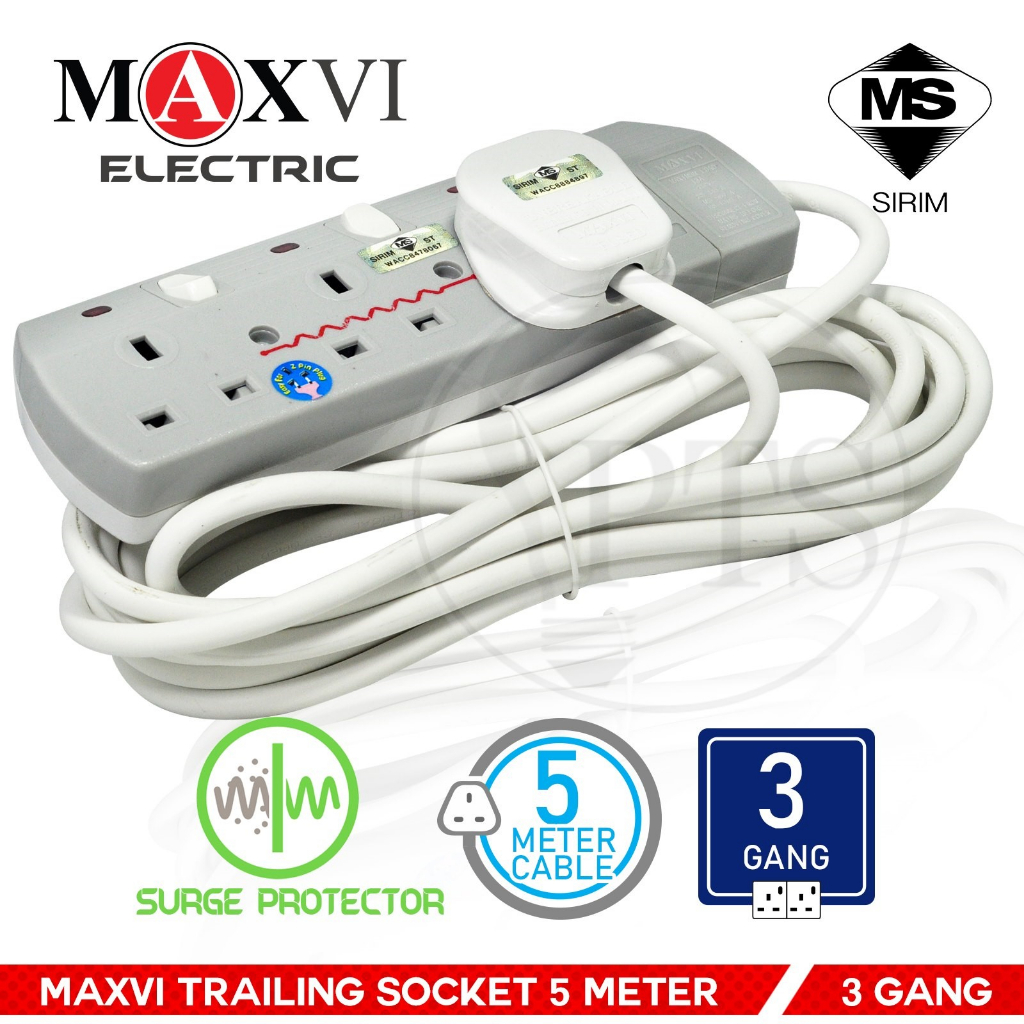 5 Meter MAXVI 3 Gang Extension Trailing Socket Wayer Panjang Plug C/W ...