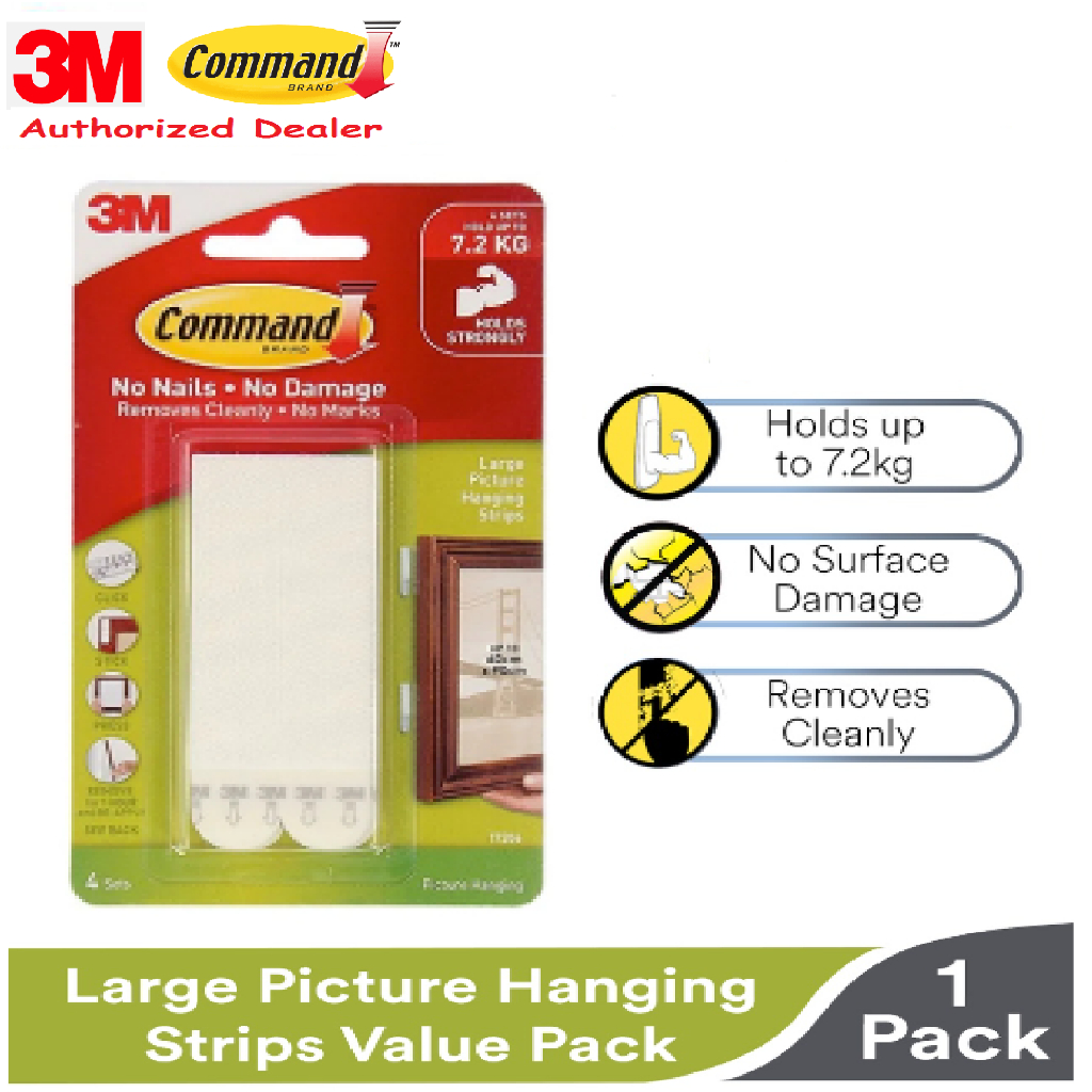 3M Command Wall Adhesive Large Picture Hanging Strips 17206 - Damage ...