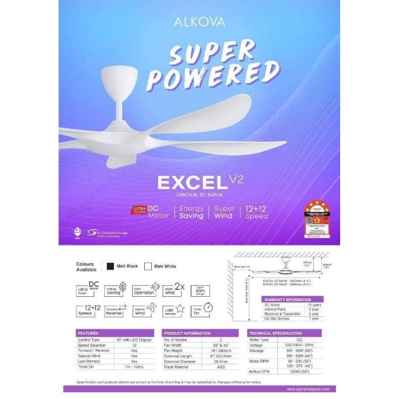 ALKOVA (ALPHA) EXCEL V2 5B/56" & 42" MATT BLACK & MATT WHITE | Shopee ...
