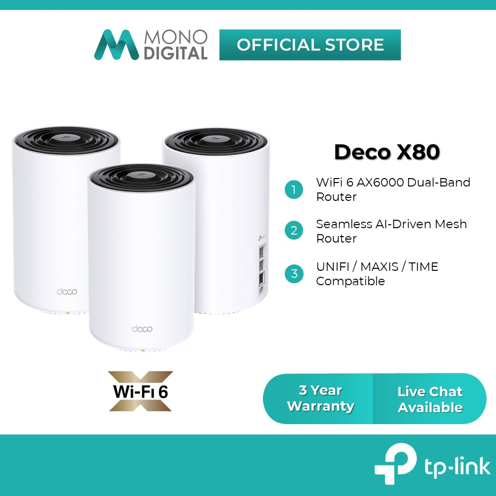 TP-Link Deco X80 AX6000 Dual-Band AI Driven Mesh Whole Home Mesh Wi-Fi 6 AX Router System ...
